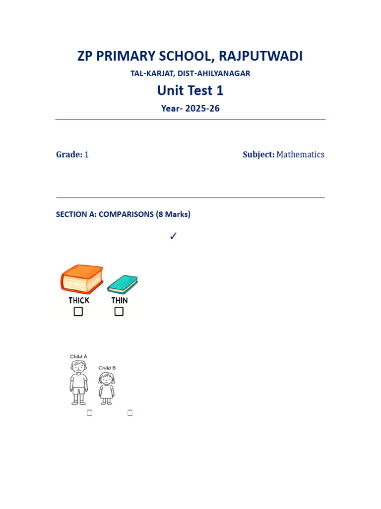 Grade 1 Mathematics Unit Test 2025-26 | PDF