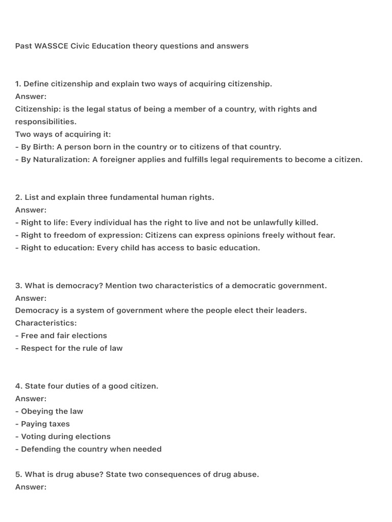 Past WASSCE Civic Education Theory Questions and Answers | PDF