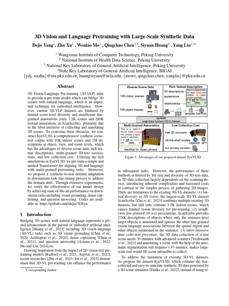 3D Vision and Language Pretraining With Large-Scale Synthetic Data ...