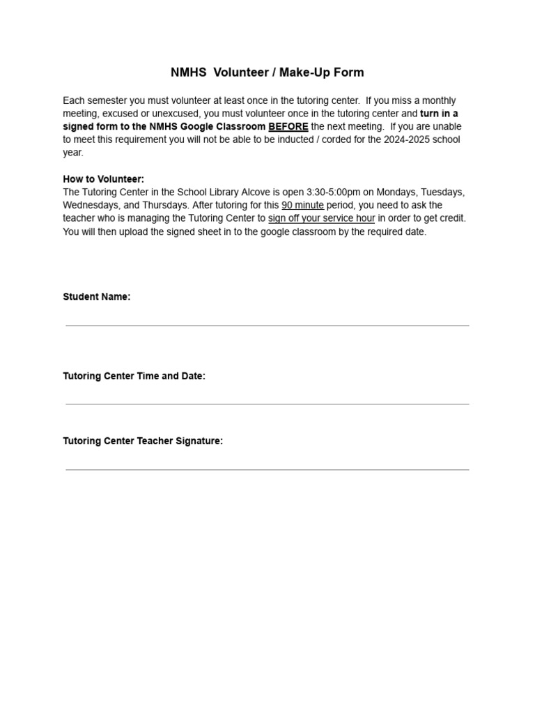 NMHS Volunteer - Make-Up Form | PDF