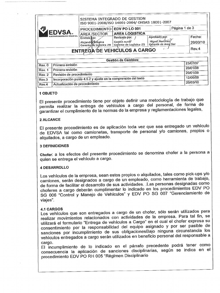 EDV PO LO 001 ENTREGA DE VEHICULOS A CARGO Rev4 | PDF
