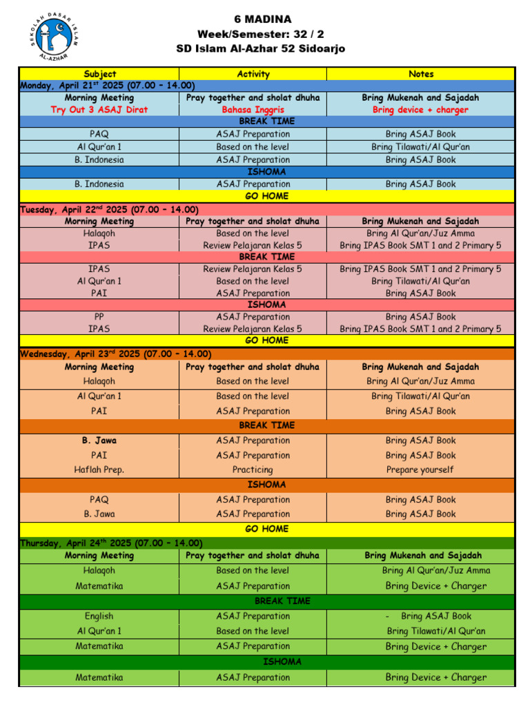 Weekly Plan (Week 32 - SM 1) 6 Madina | PDF