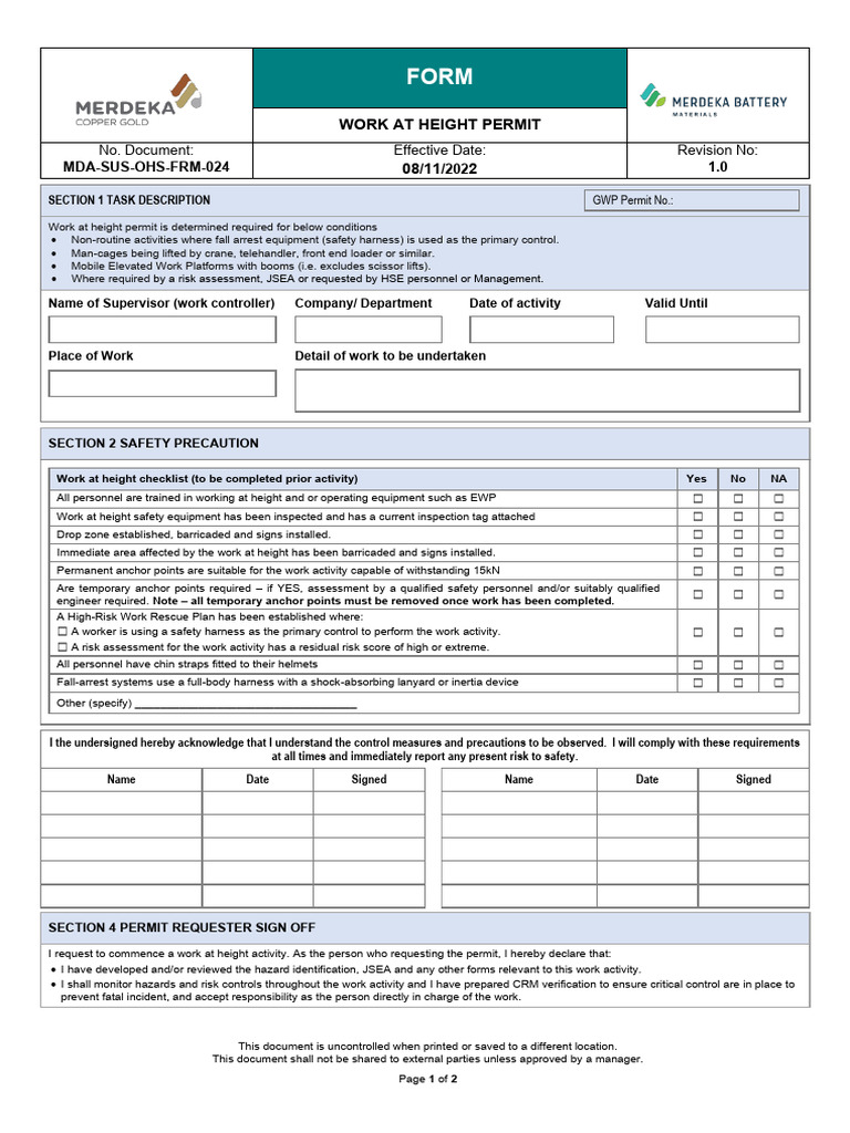 Work at Height Safety Permit Form | PDF | Occupational Safety And ...