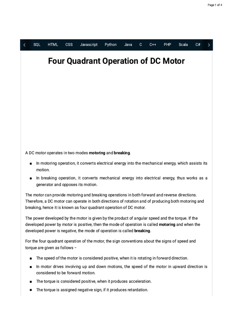 Four Quadrant Operation of DC Motor | PDF | Torque | Electric Motor