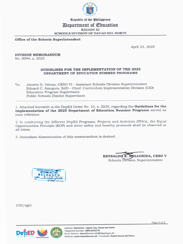 Dm 0094 s.2025 Guidelines for the Implementation of the 2025 Department of Education Summer ...