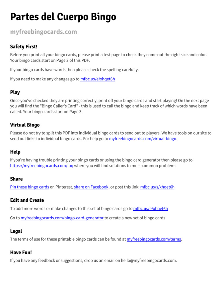 Partes Del Cuerpo Bingo Cards | PDF | Mano | Sistema musculoesquelético