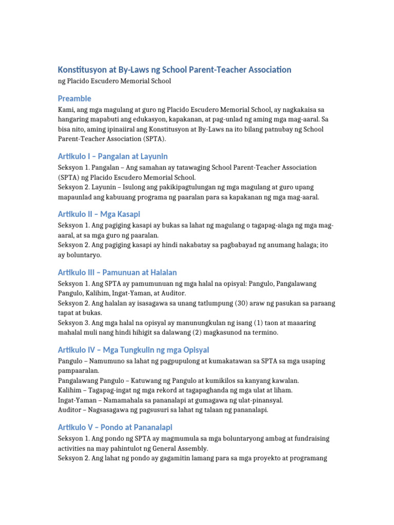 Konstitusyon at Bylaws SPTA | PDF