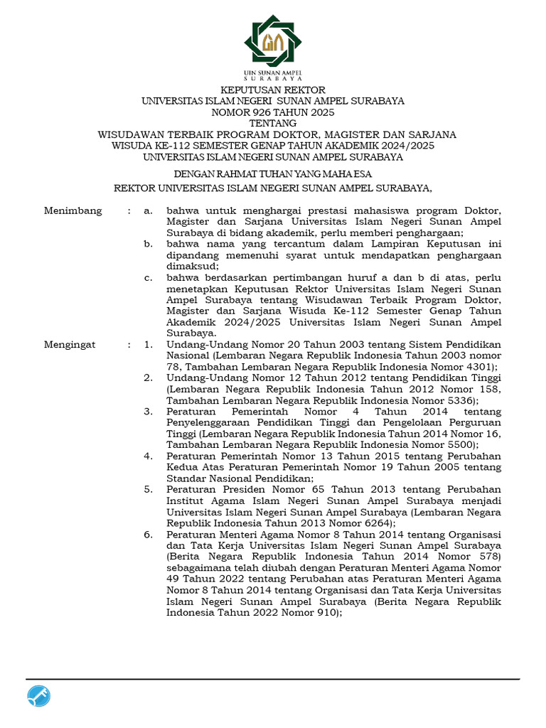 [926] SK Wisudawan Terbaik Wisuda ke-112 | PDF