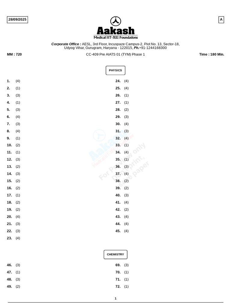 Cc-409 Pre Aiats 01 (Tym) Phase 1 - Ans | PDF | Meiosis | Mitosis