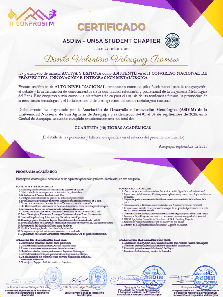 Certificado de Participación en Congreso Metalúrgico | PDF | Minería ...