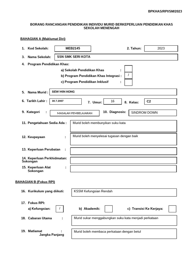Borang RPI Siew Ming Hong | PDF