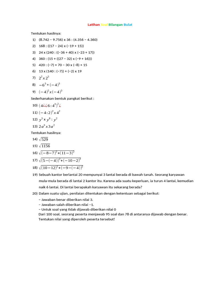 Latihan Soal Bilangan Bulat | PDF