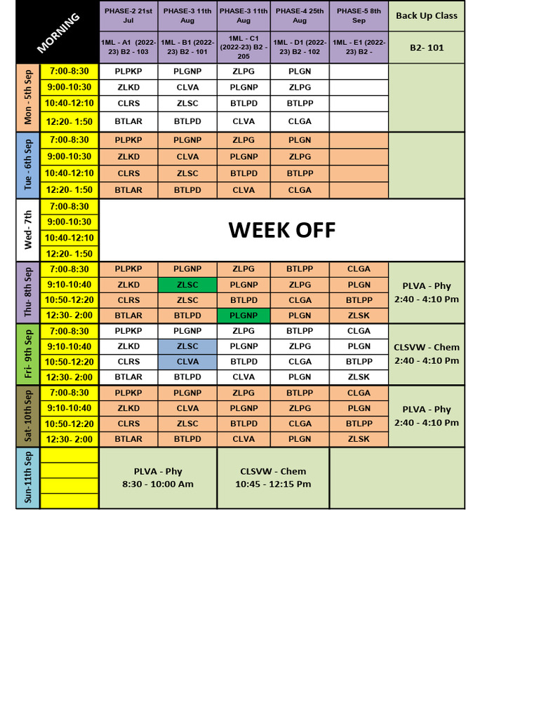 Time Table - 5th Sep - 11th Sept | PDF