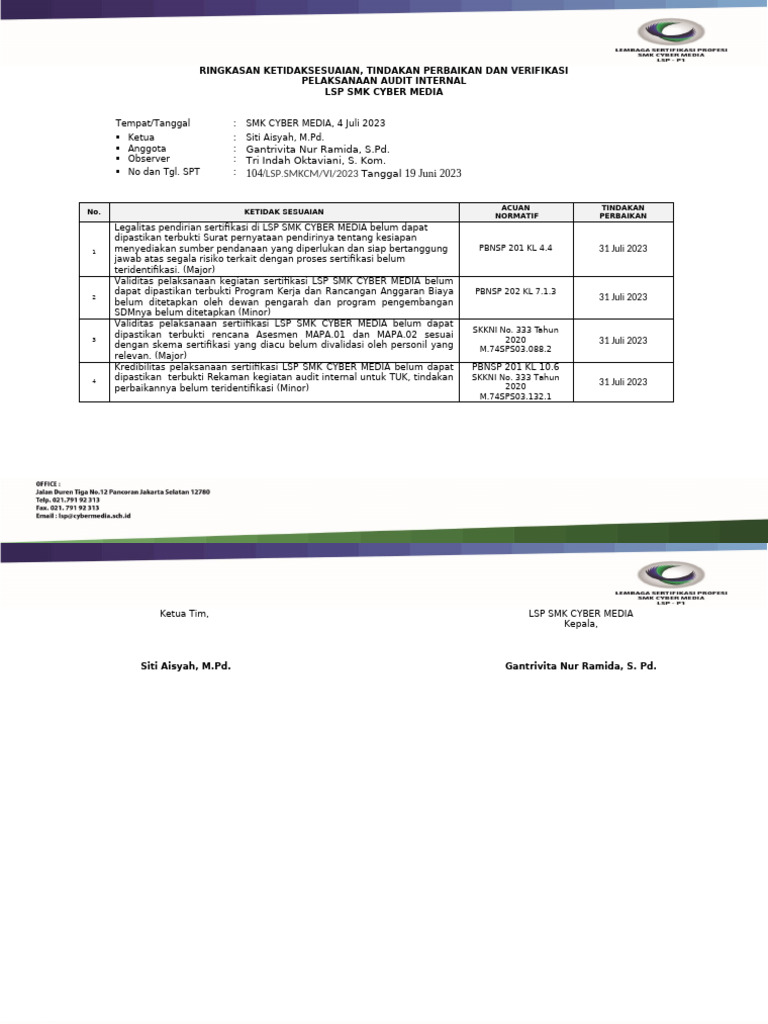 Audit Internal LSP SMK Cyber Media 2023 | PDF