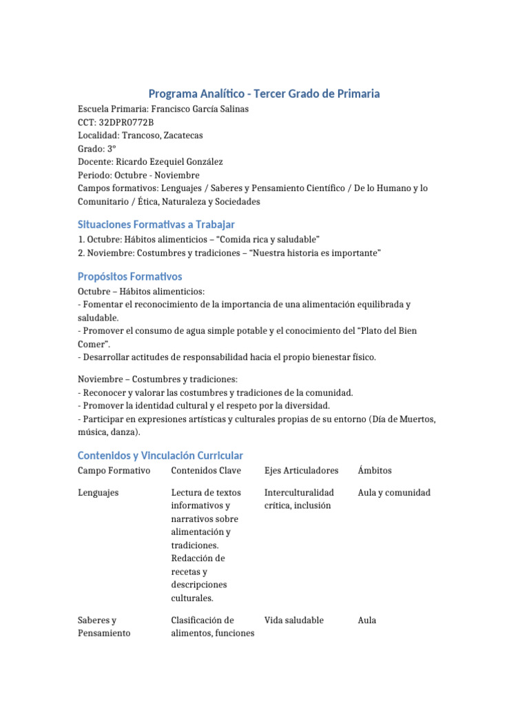 Programa Analítico 3° Primaria 2023 | PDF | Comunidad