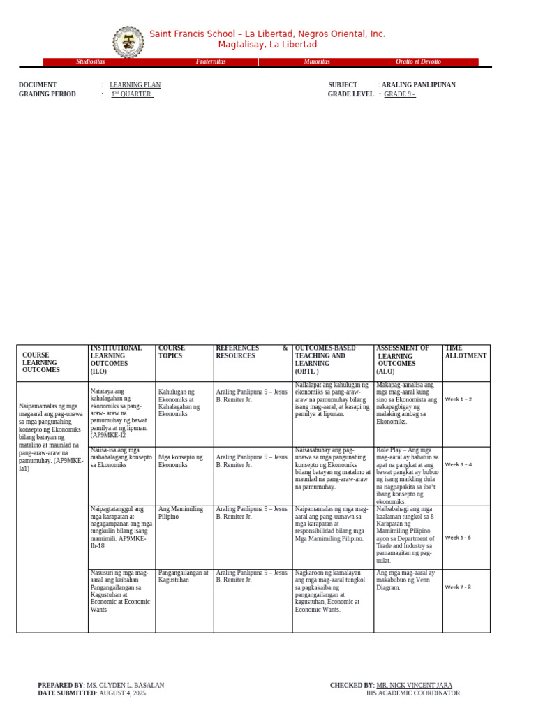 Learning Plan Grade 9 | PDF