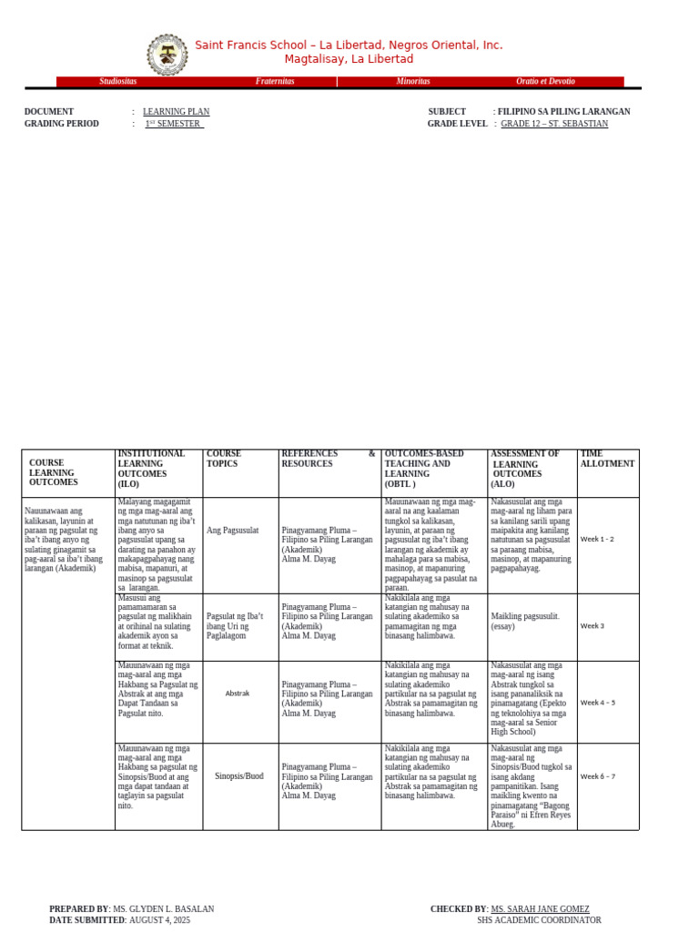 Grade 12 Learning Plan | PDF