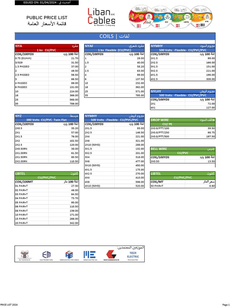 Liban Cables 2024 - New Price List | PDF