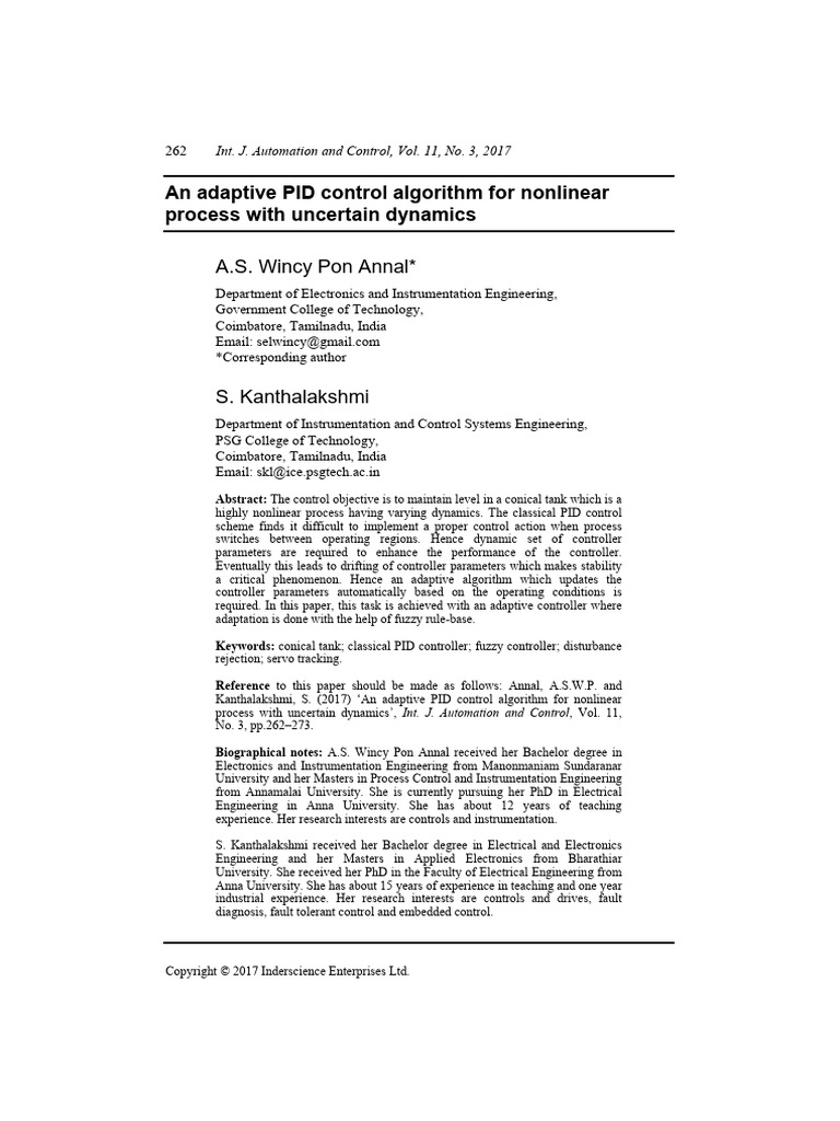 Annal Kanthalakshmi 2017 an Adaptive Pid Control Algorithm for ...