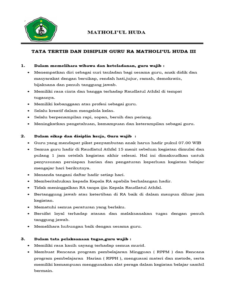 Tata Tertib Guru RA Matholi'ul Huda III | PDF