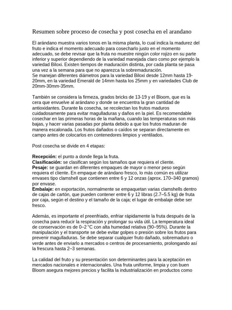 Resumen Sobre Proceso de Cosecha y Post Cosecha en El Arandano | PDF ...