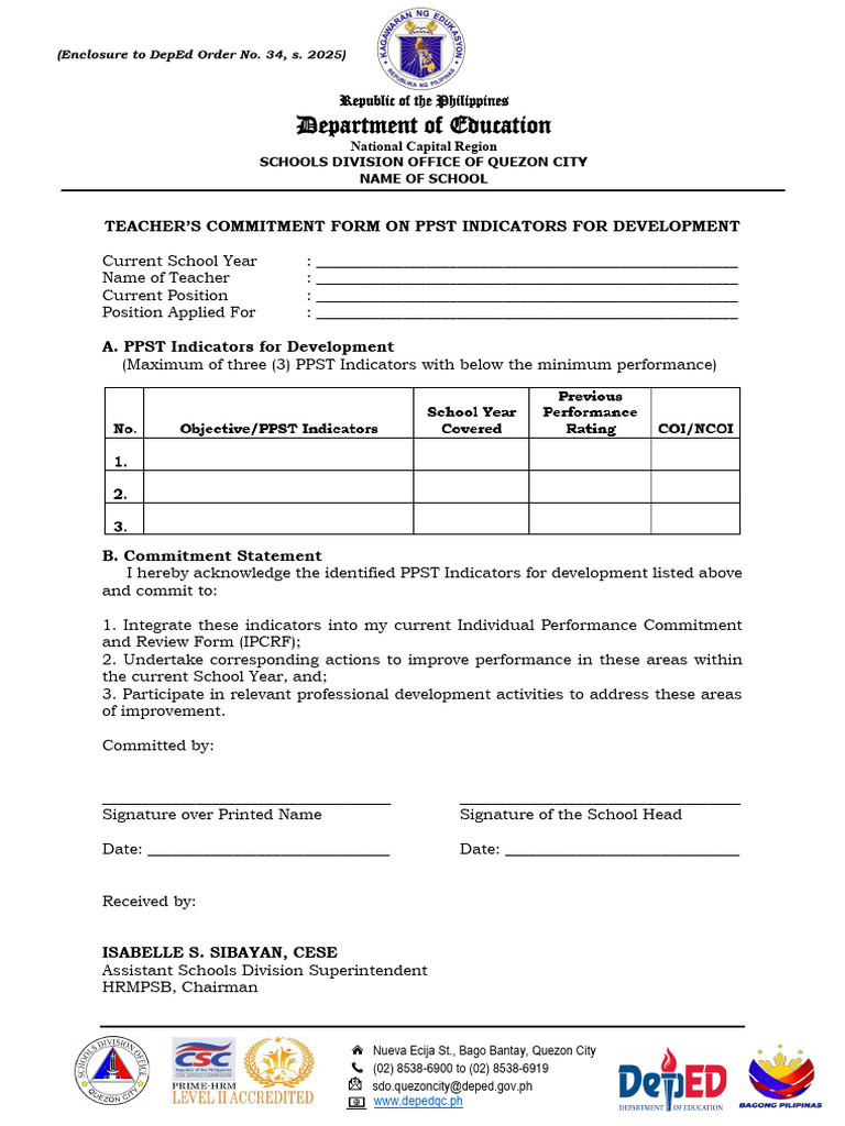 Teacher Commitment Form for PPST Indicators | PDF