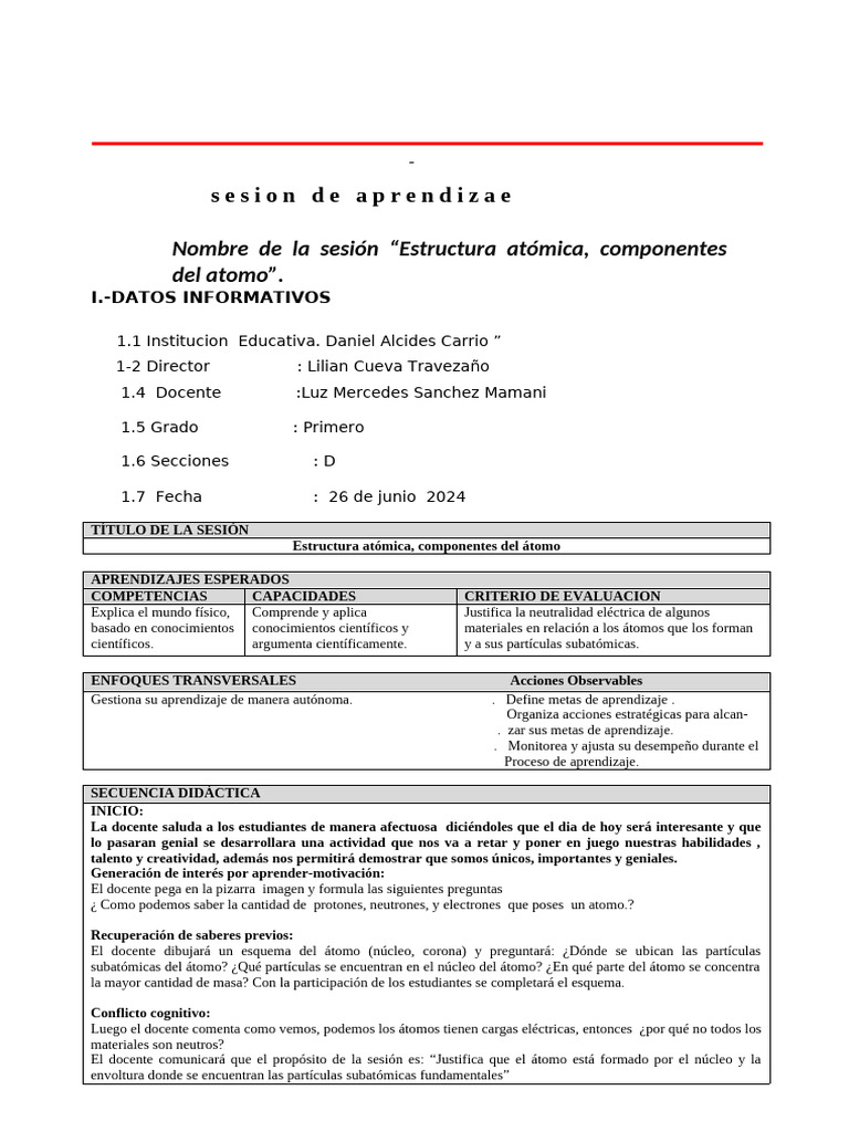 Sesion de Aprendizaje Estructura Atomica Componentes Del Atomo | PDF ...