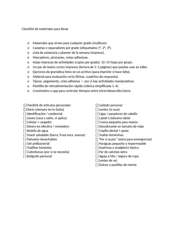 Checklist de Materiales para Maestras para Principiantes | PDF ...