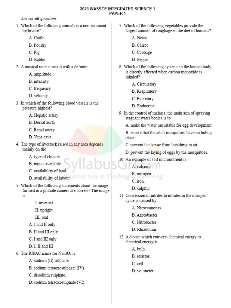 2025 Wassce Integrated Science 1 | PDF | Atoms | Vertebra