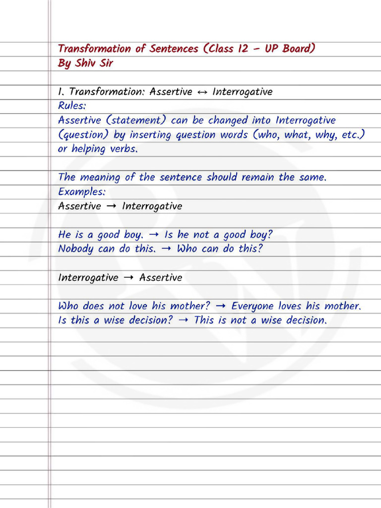 Transformation of Sentences Handwritten Notes | PDF