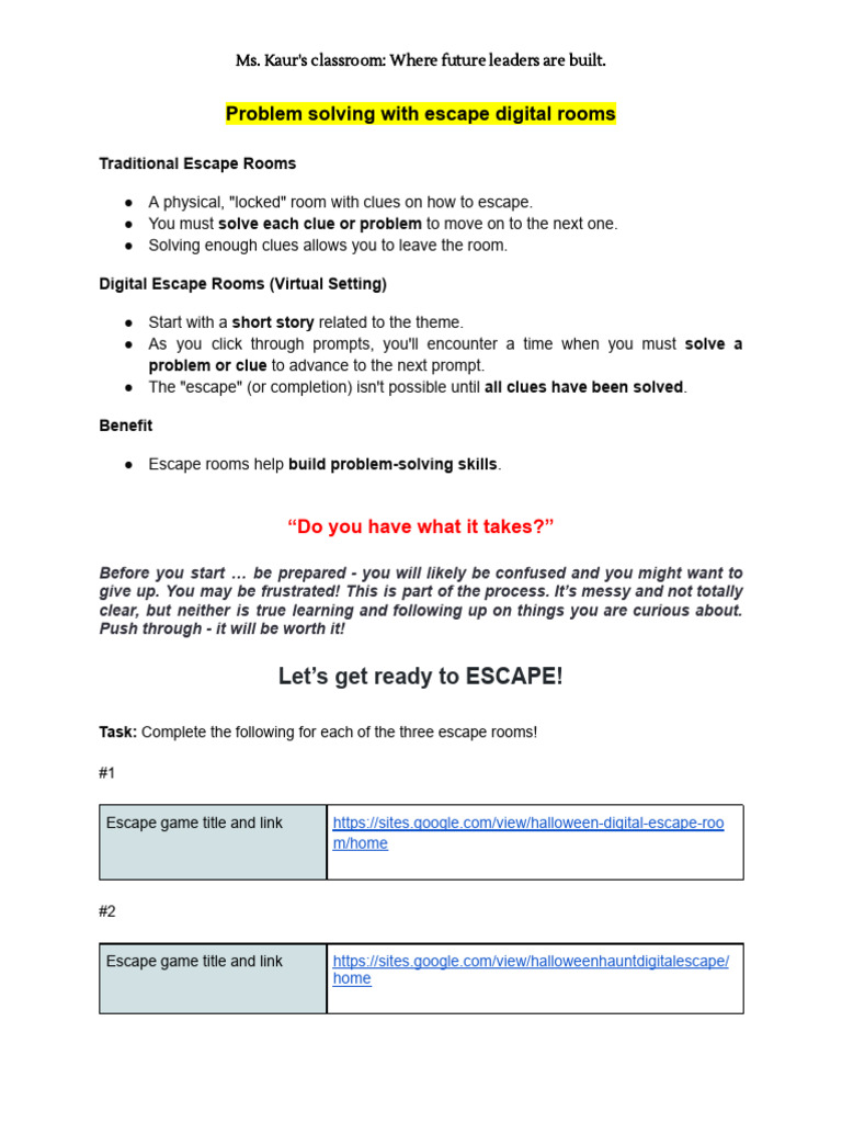 Digital Escape Rooms for Problem Solving | PDF