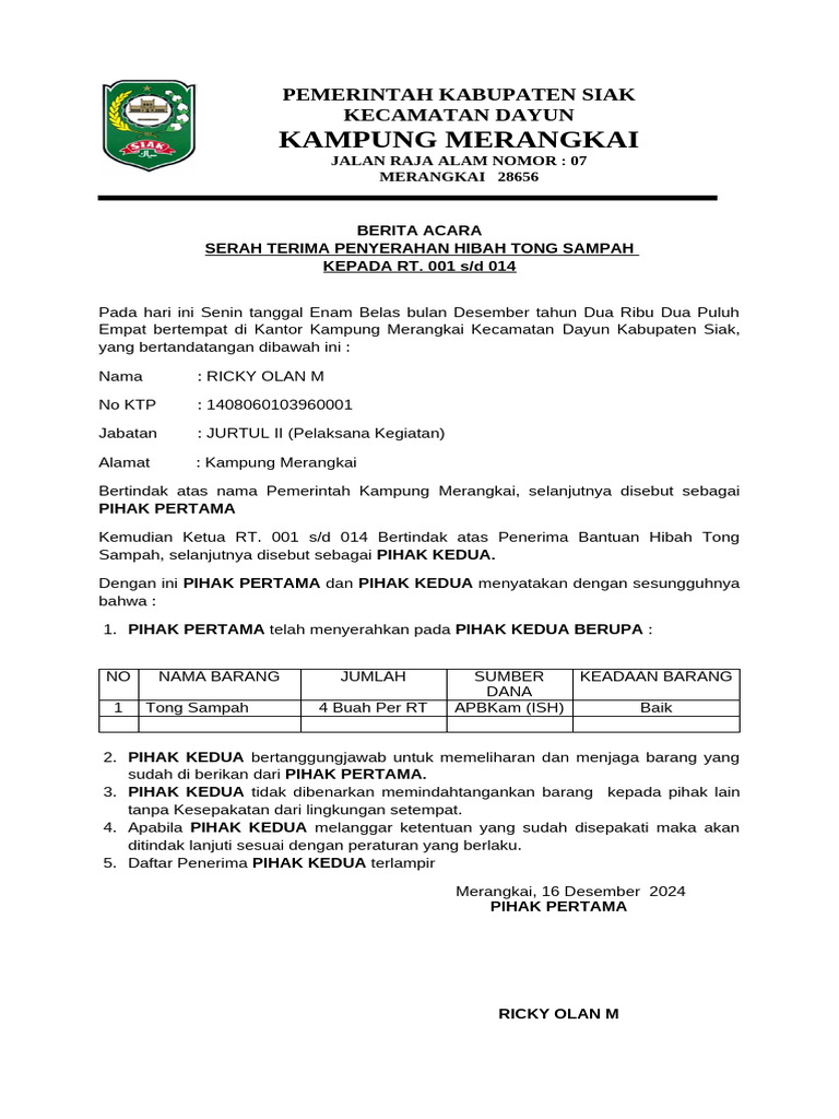 Serah Terima Hibah Tong Sampah RT 001-014 | PDF