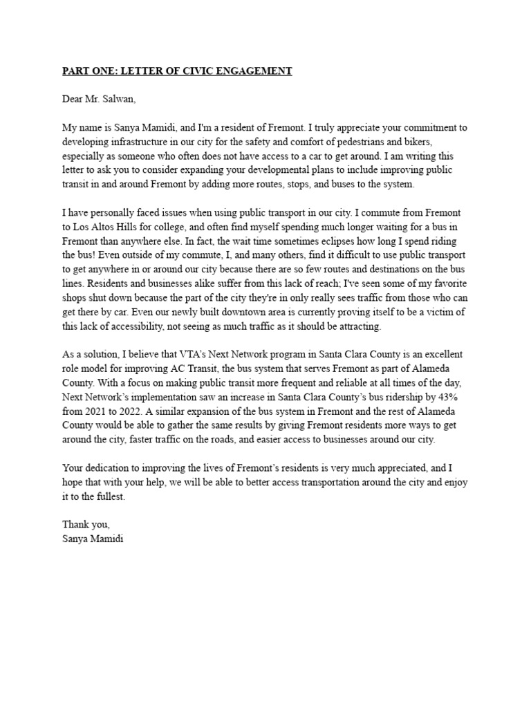 Sanya Mamidi - Letter of Civic Engagement | PDF | Rhetoric | Social ...