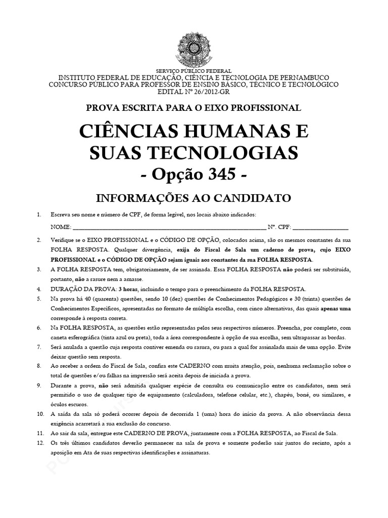 Prova de Ciencias Humanas e Suas Tecnologias Opcao 345 (3) | PDF ...