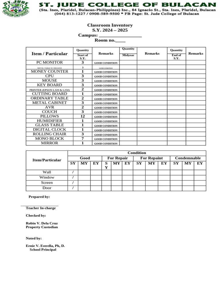 Classroom Inventory With Start and End Offices and Laboratory | PDF