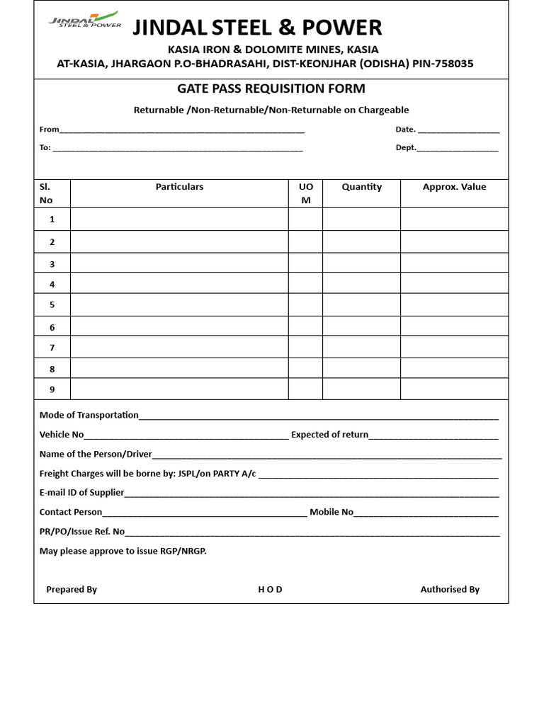 Jindal Gate Pass Requisition Form | PDF