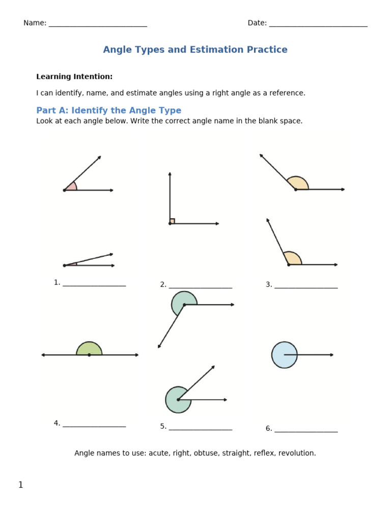 Angle Types and Estimation Worksheet | PDF