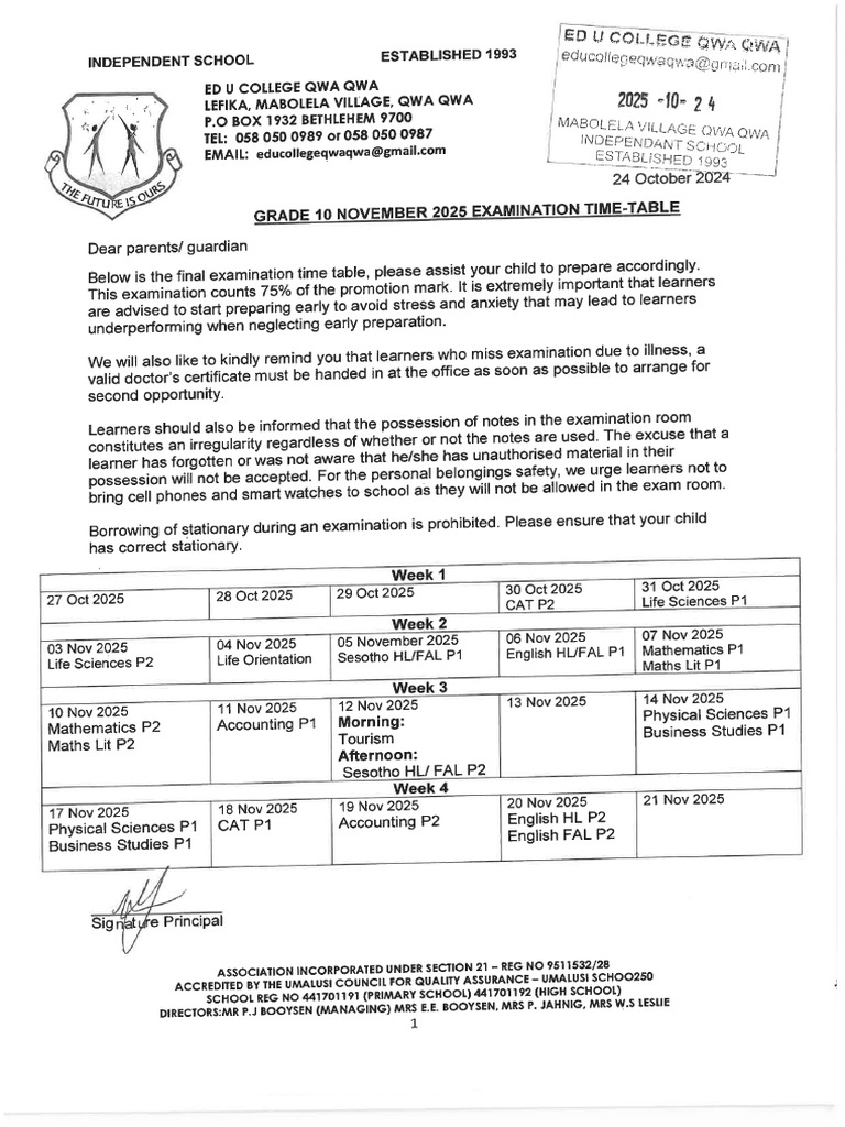 Grade 10 Exam Time-Table | PDF