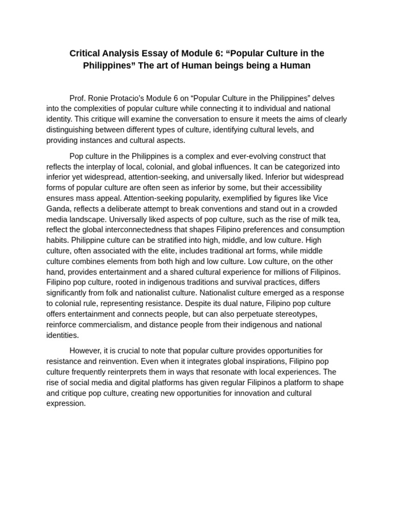 Critical Analysis Essay of Module 6: "Popular Culture in The ...