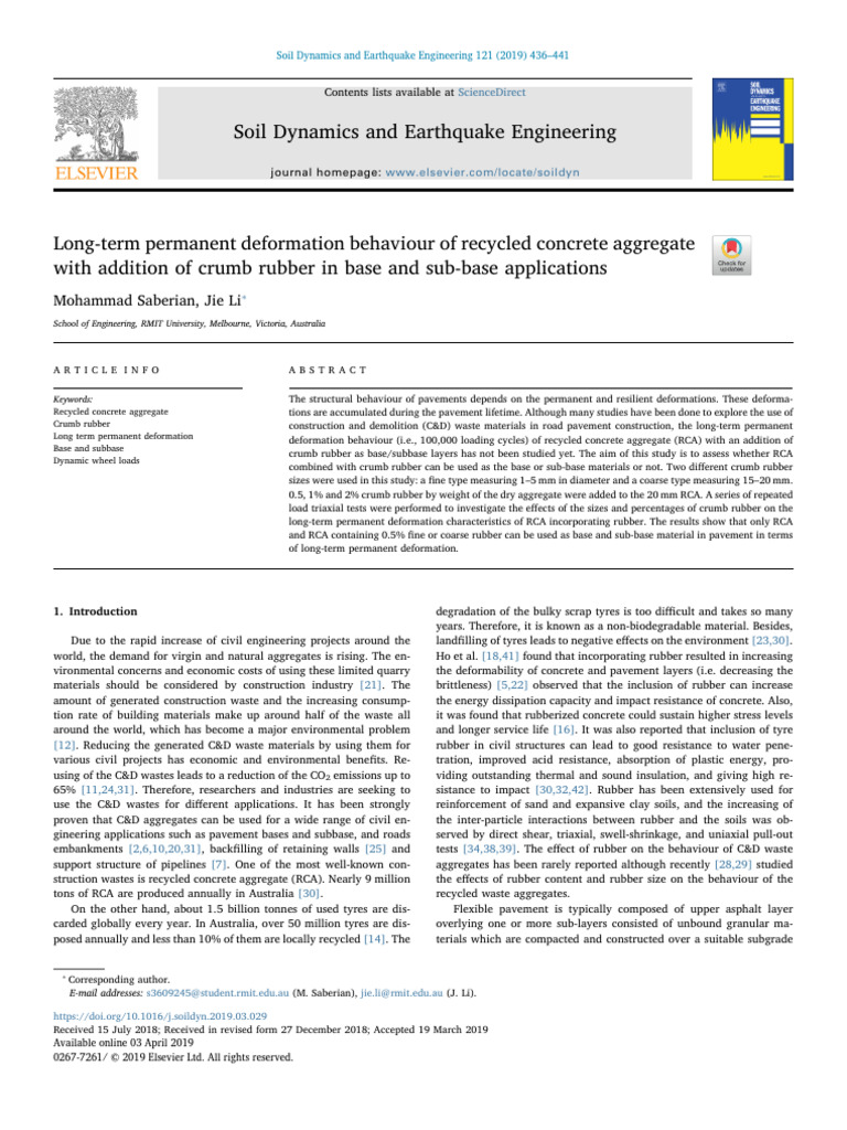 Long Term Permanent Deformation Behaviour of Recycled c 2019 Soil ...