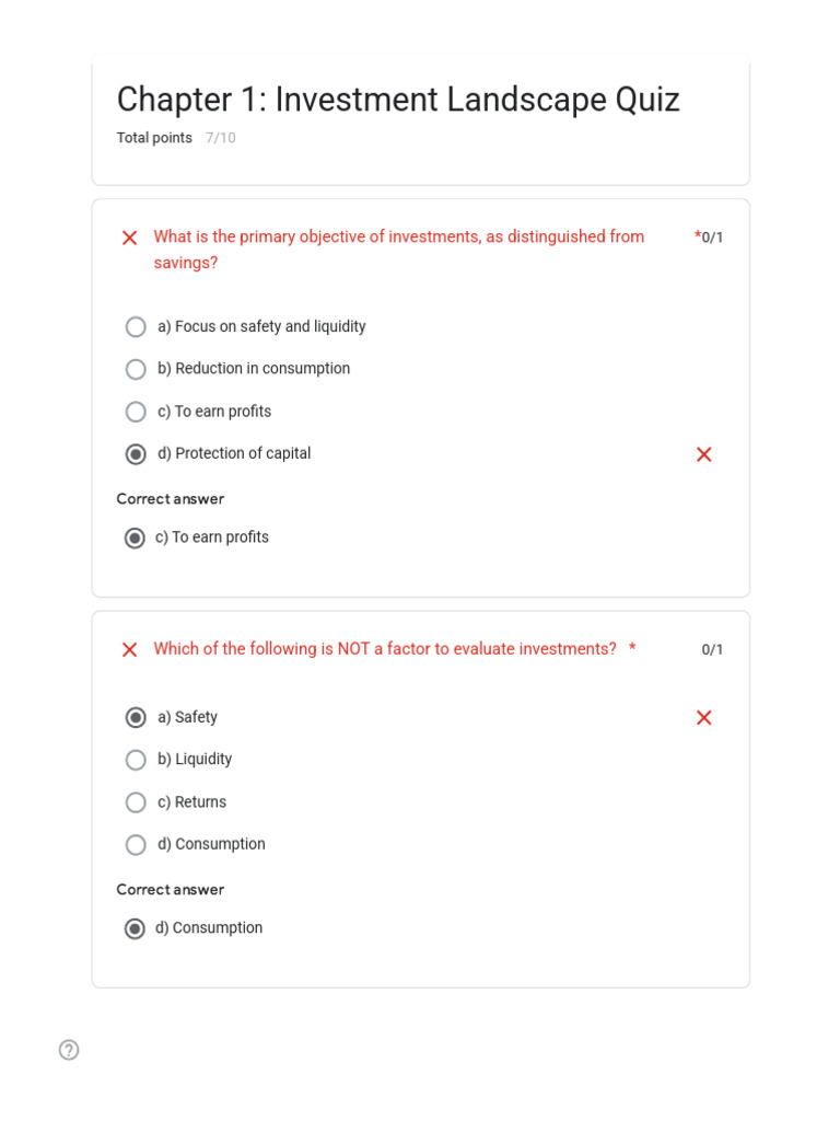 Investment Landscape Quiz Insights | PDF | Financial Risk | Investing