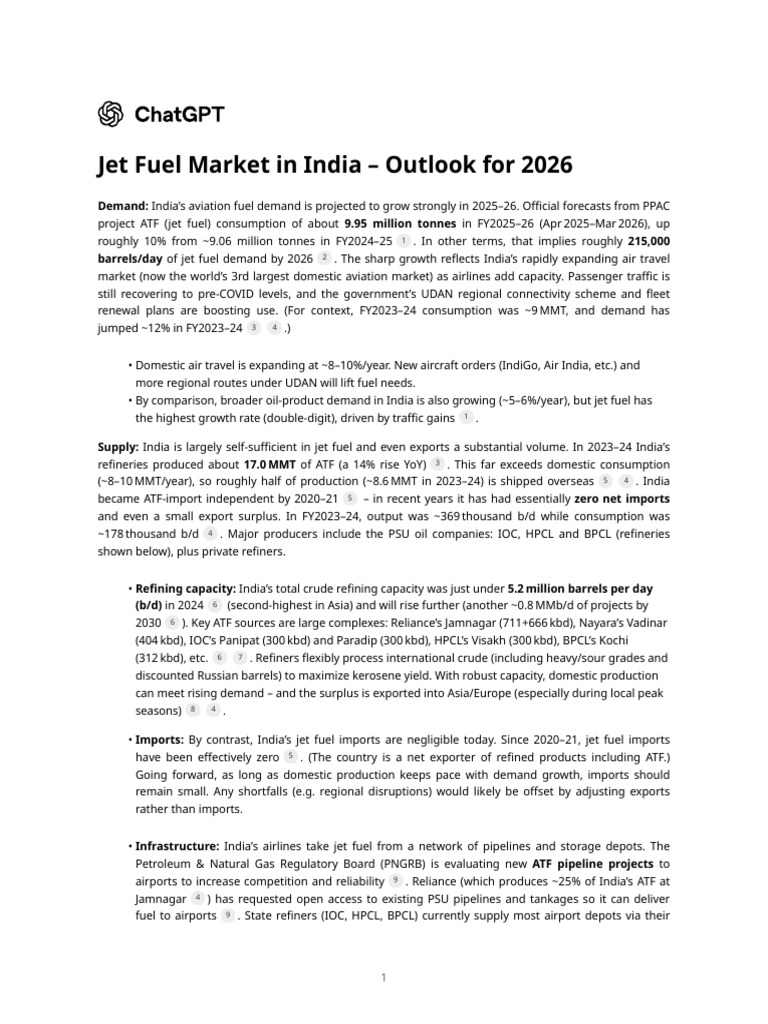 Jet Fuel Market in India - Outlook For 2026 | PDF | Oil Refinery | Jet Fuel