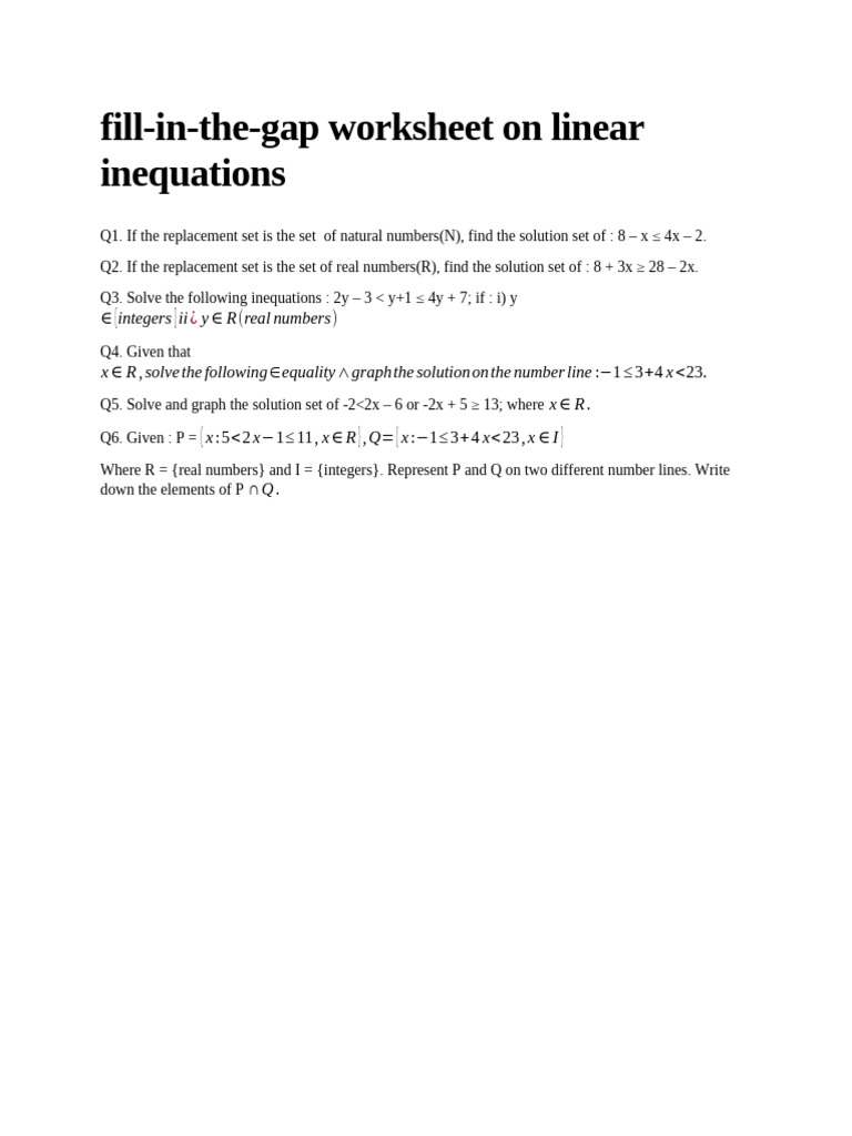 Gap Fill Worksheet On Linear Inequations | PDF