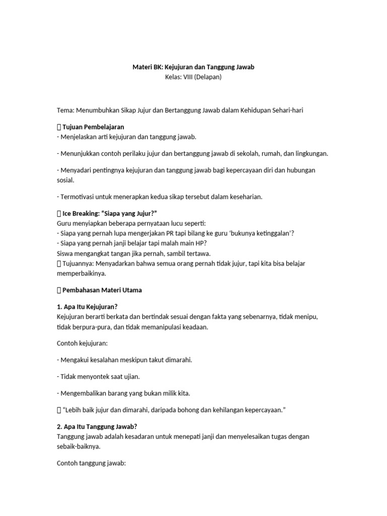 Materi BK Kejujuran Dan Tanggung Jawab Kelas 8 | PDF