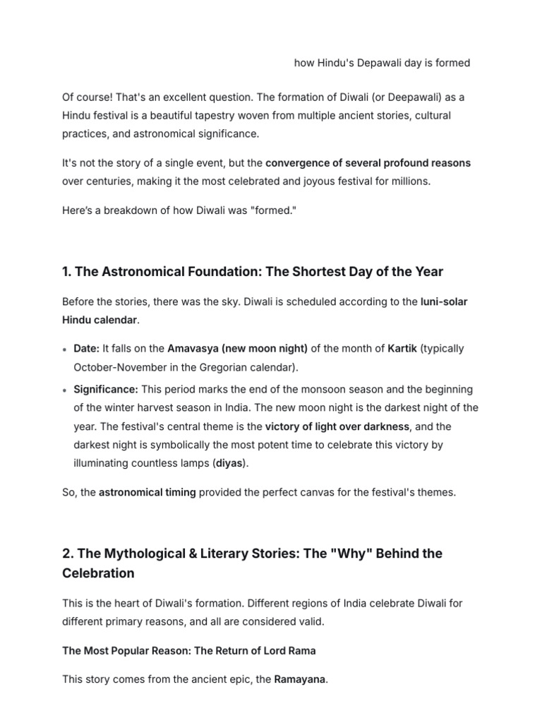 Origin and Formation of Hindu Diwali Festival - AI Answer | PDF | Rama ...