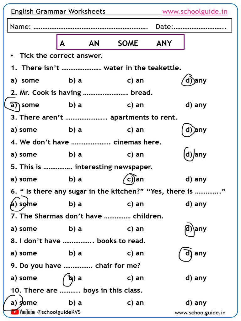 A, An, Some, Any Worksheets | PDF