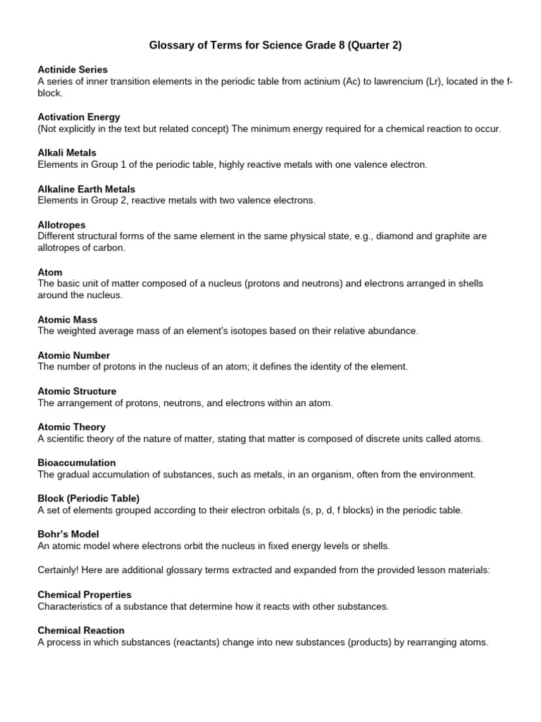 Science Grade 8 Terms Glossary | PDF | Periodic Table | Atoms