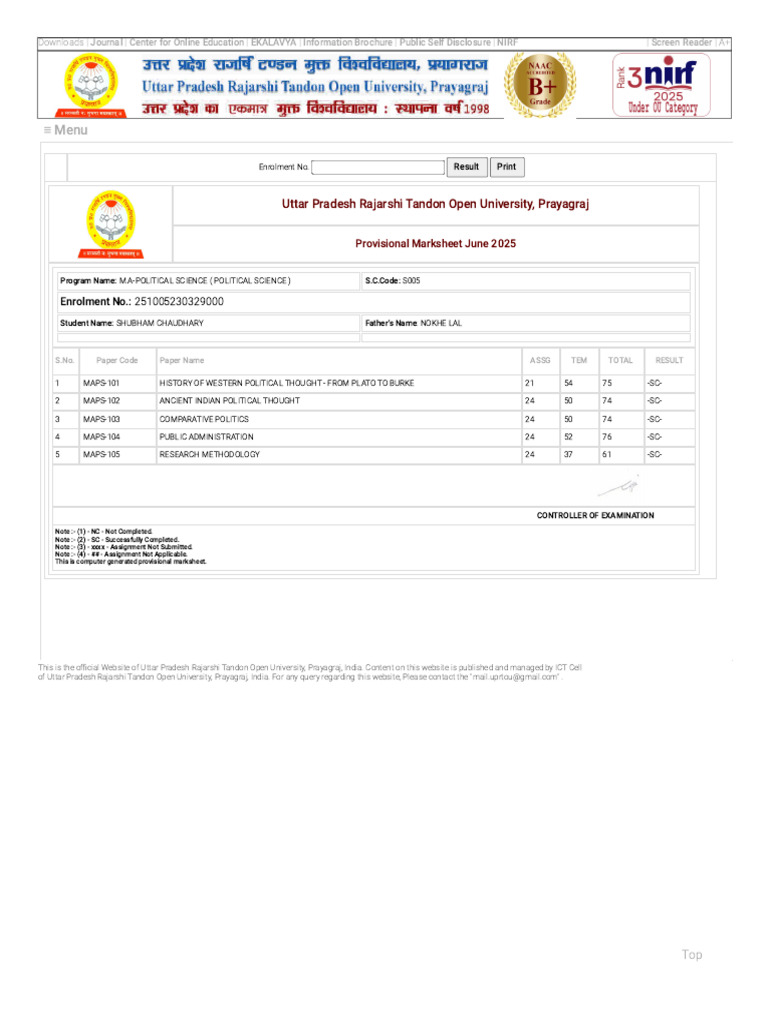 MA First Sem Result | PDF