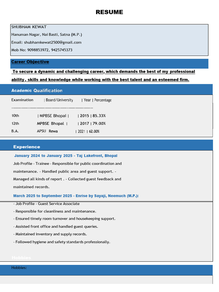 Shubham Kewat Resume and Career Overview | PDF