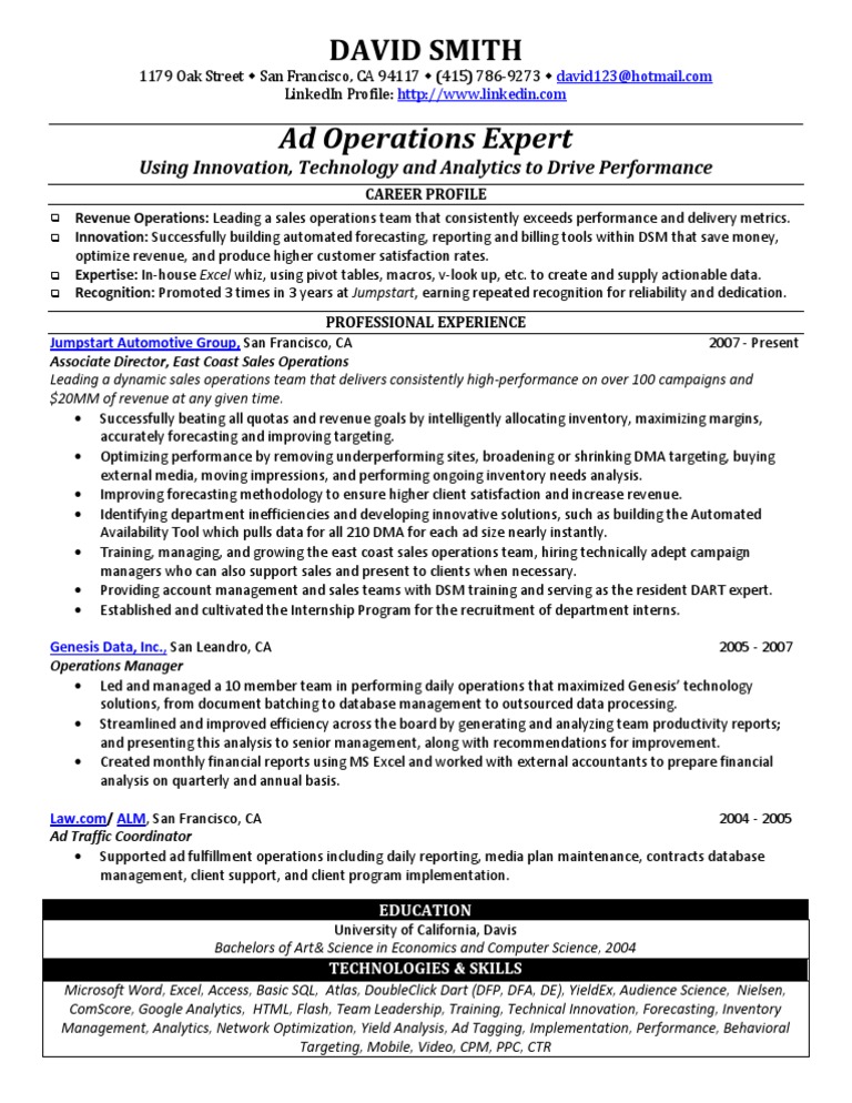 Ad Operations Manager Resume | PDF | Analytics | Advertising